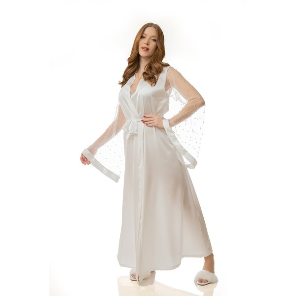 Robe Longo Com Tule Transparente e Perólas Para Noivas - Robe Longo Jade